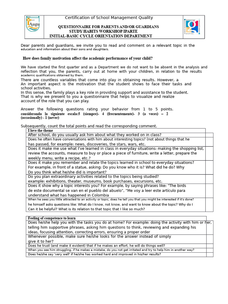 Self-Assessment For Parents Study Habits Part I | PDF | Motivational ...