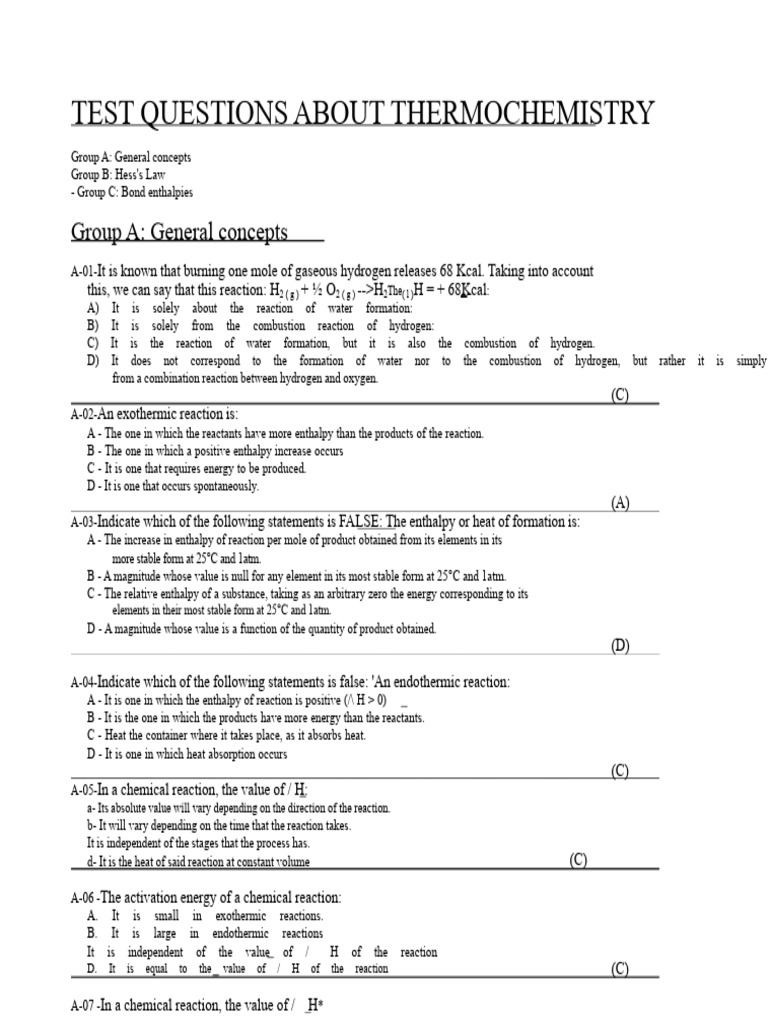 Test Questions About Thermochemistry: Group A: General Concepts | PDF ...