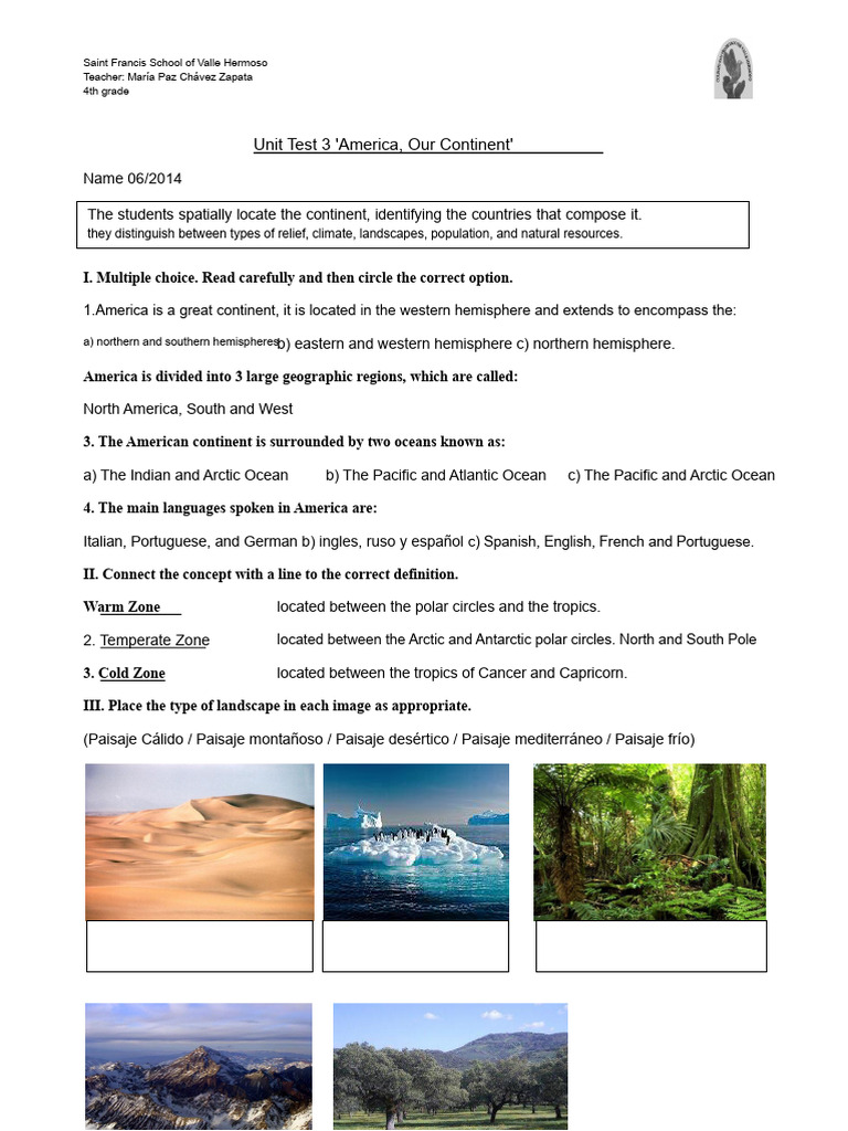 Test Unit 3. America Our Continent 4th Grade | PDF | Tropics | Pacific ...