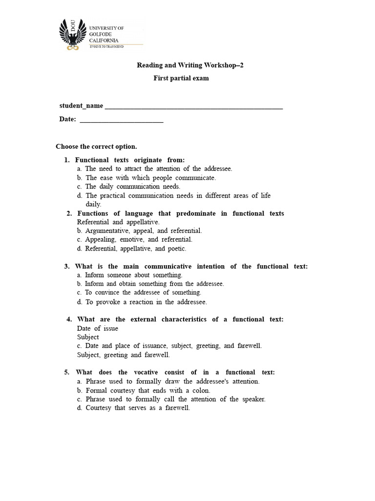 Functional Texts Exam for Students | PDF | Communication | Grammar