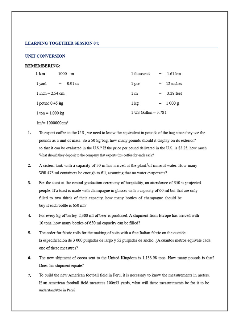 Unit Conversion Examples and Exercises | PDF | Litre | Pound (Mass)