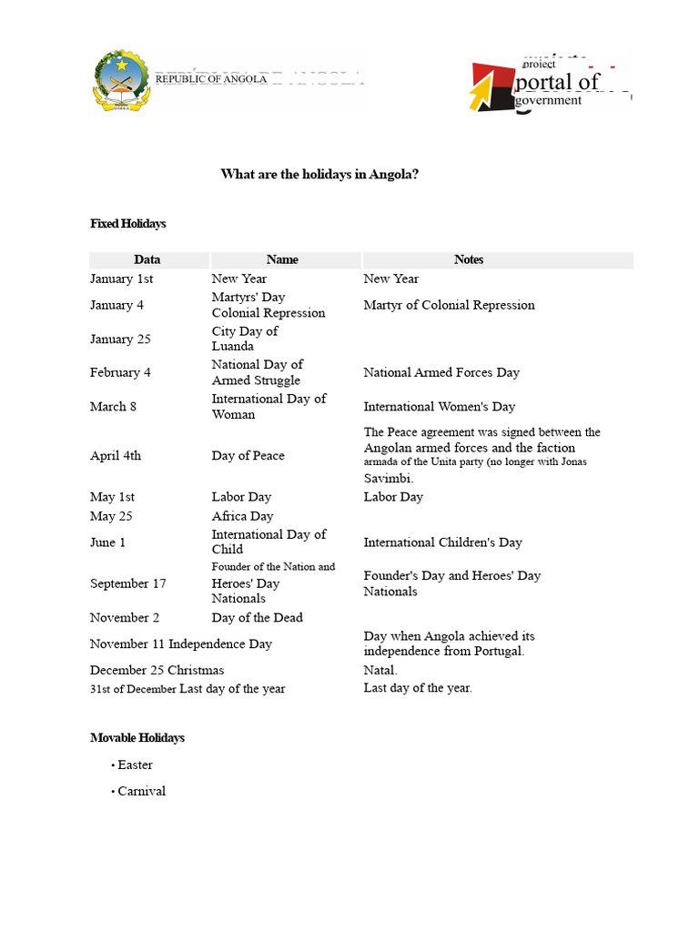 Angola's Public Holidays Overview | PDF