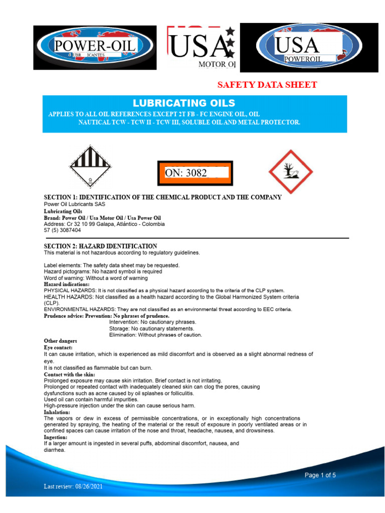 Safety Data Sheet for Lubricating Oils | PDF | Firefighting | Water