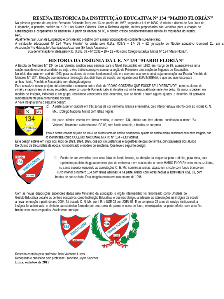 História Da Insígnia Da I.E #134 "Mario Florian" Ugel-05 Sjl-Lima | PDF ...