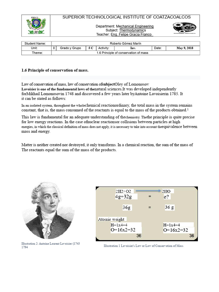 Conservation of Mass in Thermodynamics | PDF | Chemical Reactions | Oxygen