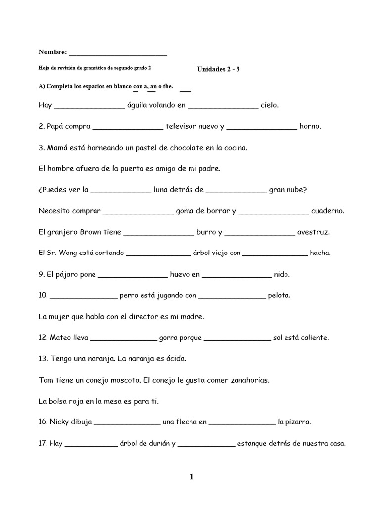 Revisión de Gramática de Segundo Grado Papel 2 | PDF