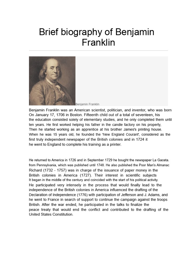 Brief Biography of Benjamin Franklin | PDF | Benjamin Franklin | Electricity