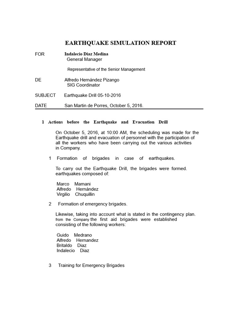 Earthquake Drill Report | PDF | Earthquakes | First Aid