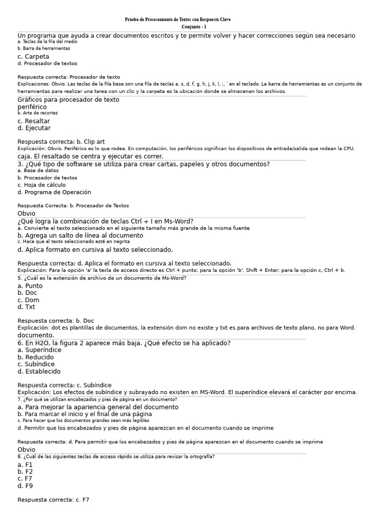 Prueba de Procesamiento de Palabras de TLE ICT Con Respuestas Clave | PDF | Procesador de textos ...
