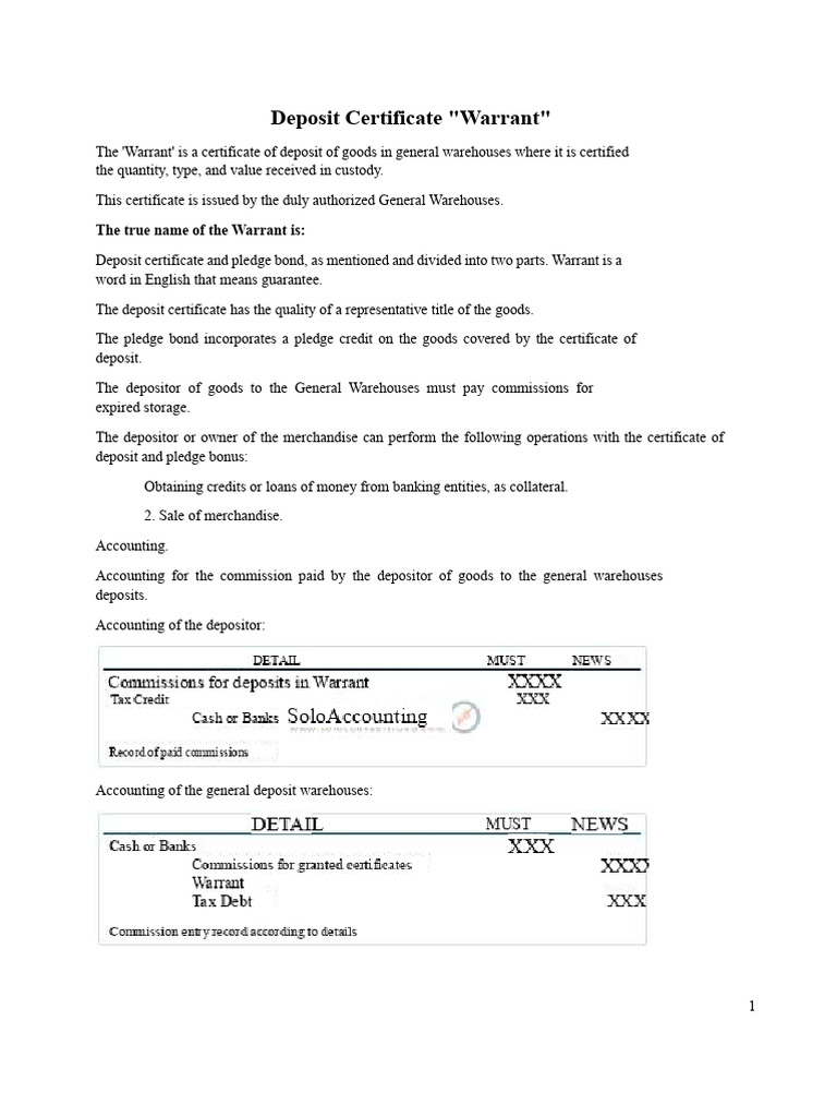 WARRANT Deposit Certificate | PDF | Securities (Finance) | Derivative ...