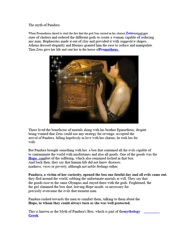 The Myth of Pandora's Box Explained | PDF | Prometheus | Zeus