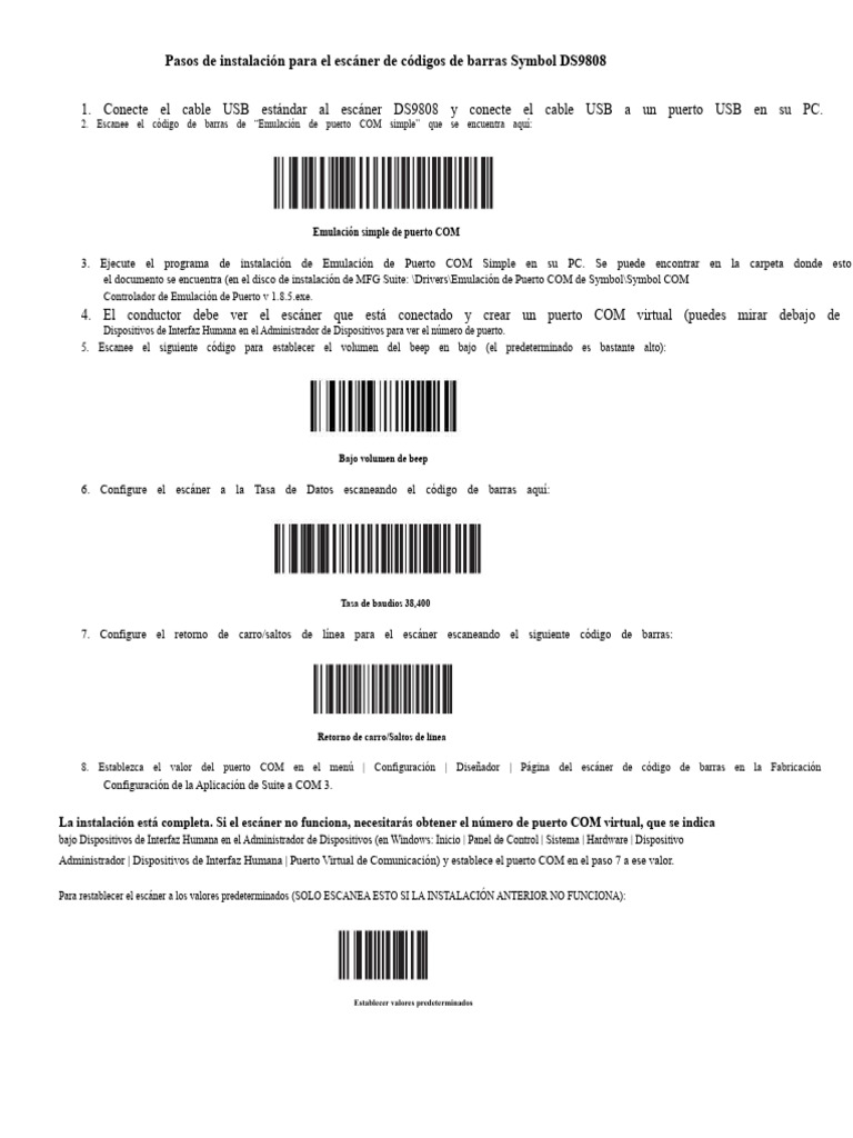 Instalación del escáner Symbol DS9808 | PDF