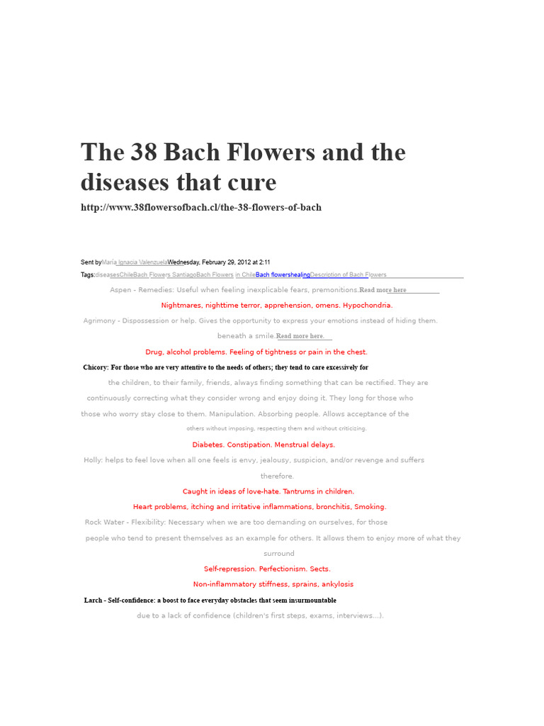 The 38 Bach Flowers and The Diseases They Cure | PDF | Fear | Pain