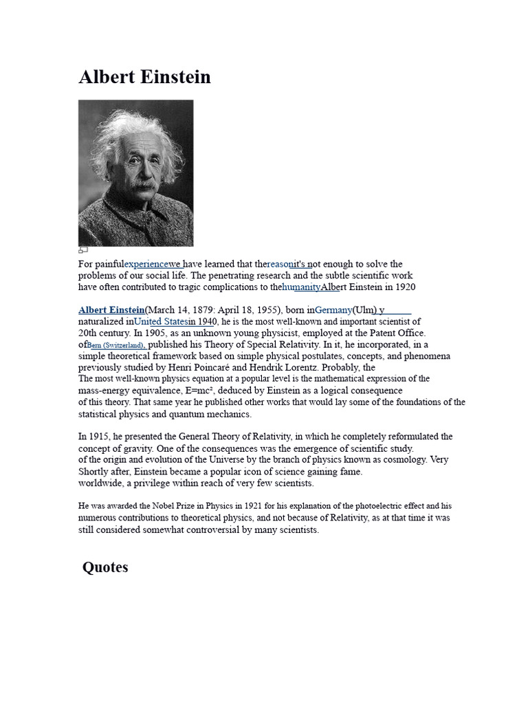 Albert Einstein: Life and Legacy | PDF | Albert Einstein | Theoretical ...
