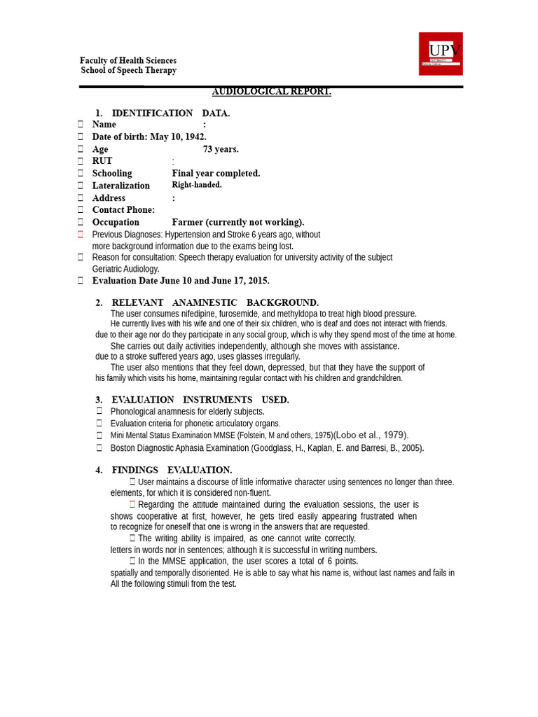 Adult Speech Therapy Report | PDF | Speech | Aphasia
