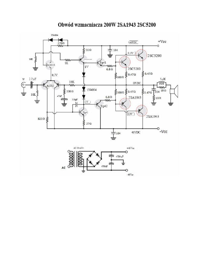 Schemat Wzmacniacza 200W Z Tranzystorami 2SA1943 I 2SC5200 | PDF