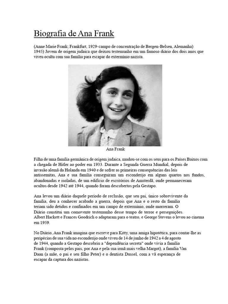 Biografia de Ana Frank: O Diário e a Esperança | PDF | Alemanha nazista ...