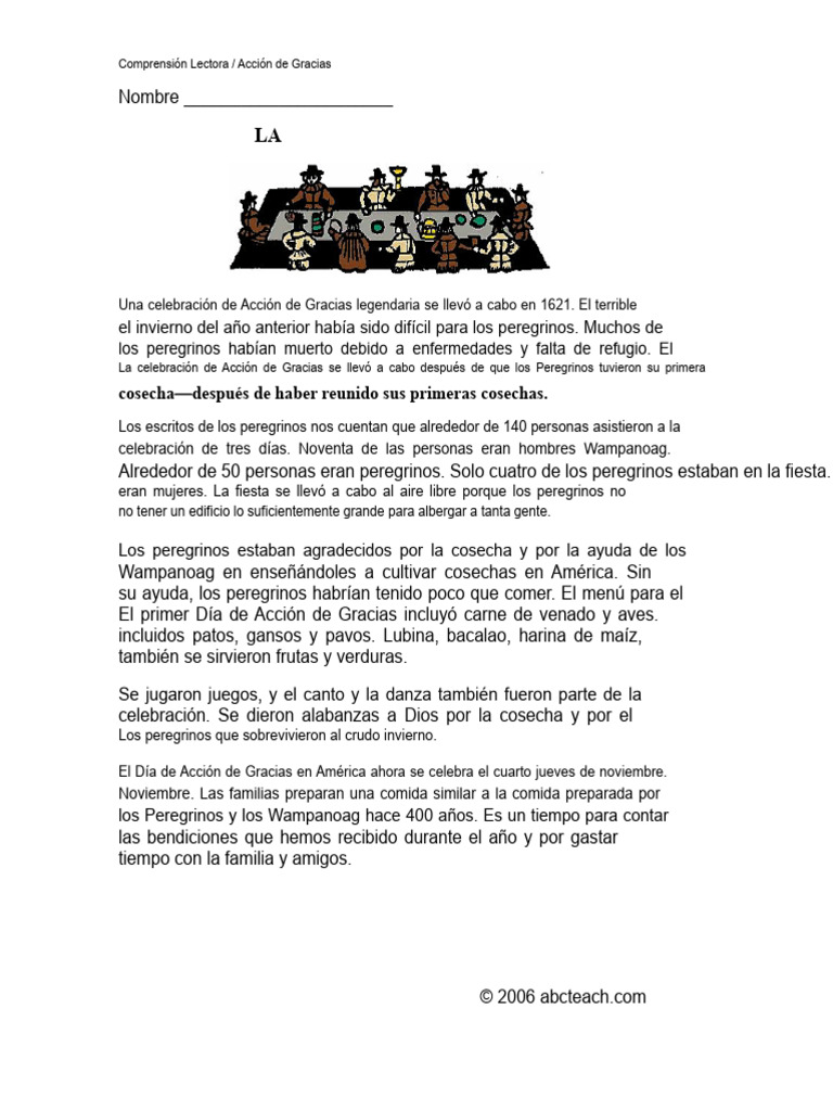Comprensión de Lectura Del Día de Acción de Gracias | PDF | Acción de ...