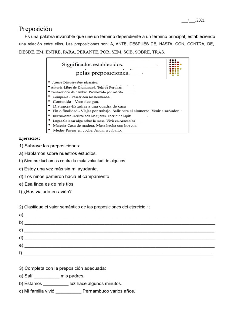 Ejercicios sobre Preposiciones en Español | PDF | Palabra | Morfología ...