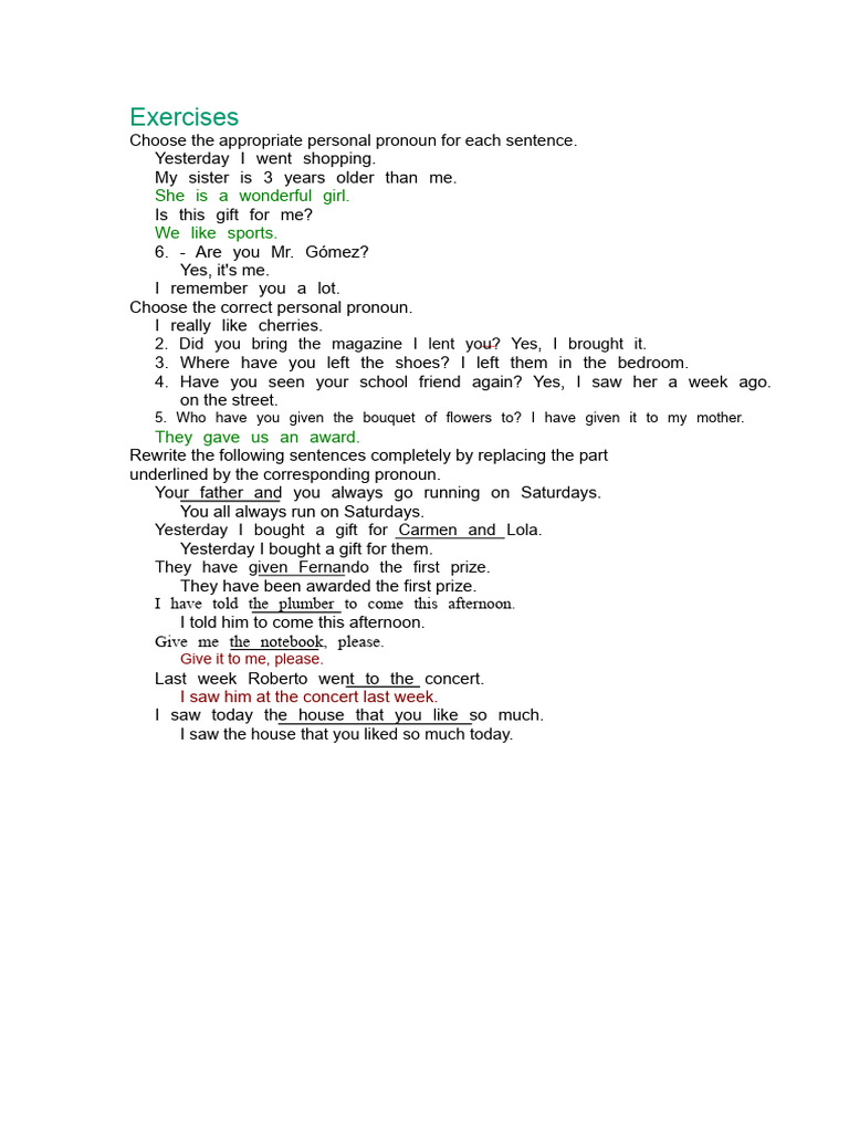 Personal Pronoun Exercises for Students | PDF