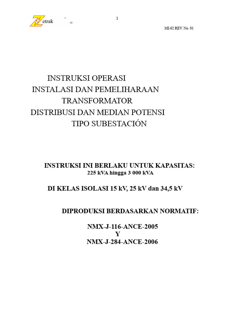 Manual Operasi Transformator Tipe Gardu Listrik PDF | PDF
