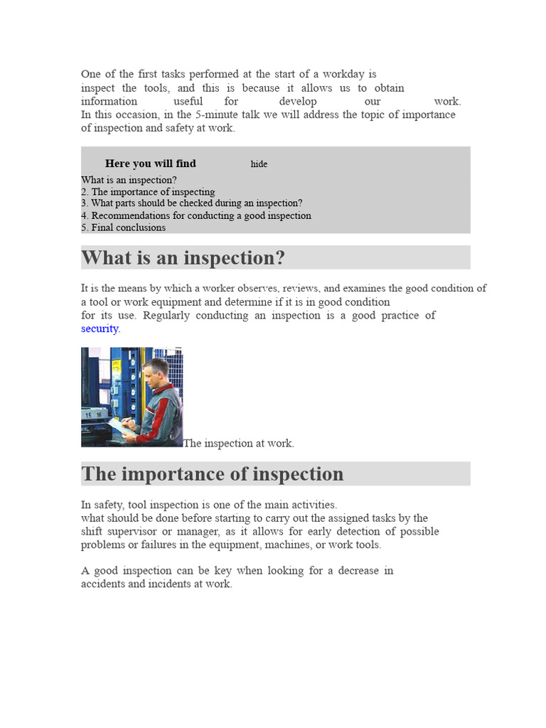 5-Minute Talk On Work Equipment Inspection | PDF | Safety