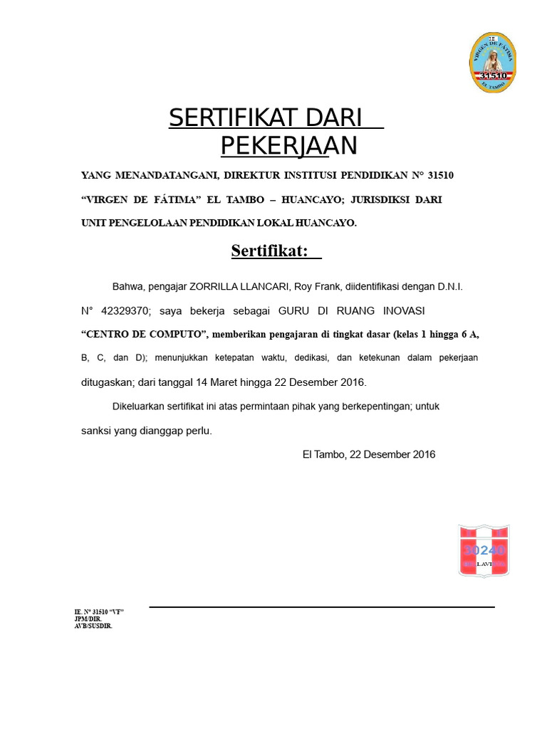 Sertifikat Pengajaran Roy Frank Zorrilla | PDF