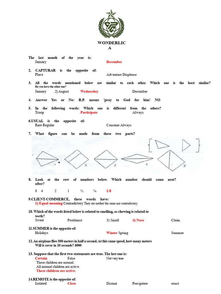 Wonderlic Test Sample Questions | PDF