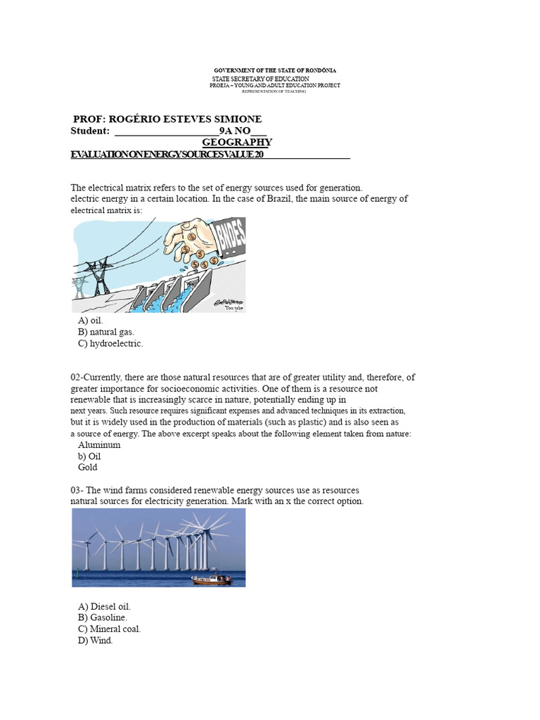 9th GRADE (1) Assessment On Energy Sources | PDF | Energy Development ...