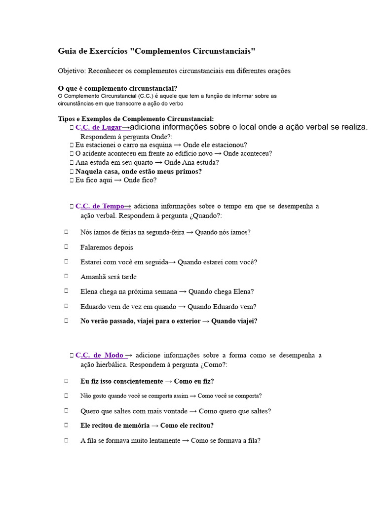 Guia de Exercícios Complementos Circunstanciais. | PDF