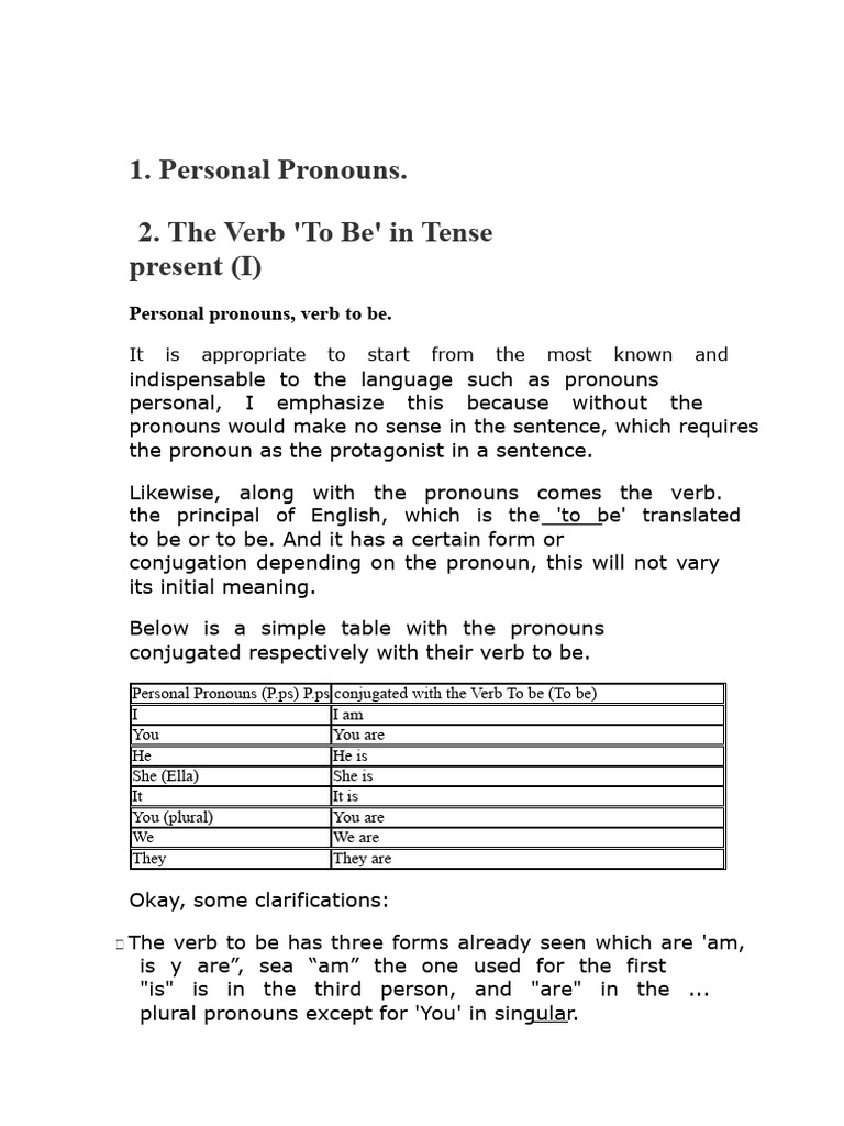 Personal Pronouns and The Verb To Be - ENGLISH | PDF | Grammatical ...