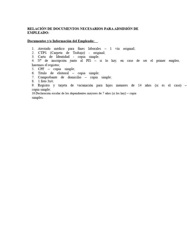 RELACIÓN DE DOCUMENTOS NECESARIOS PARA LA ADMISIÓN DE EMPLEADO | PDF ...