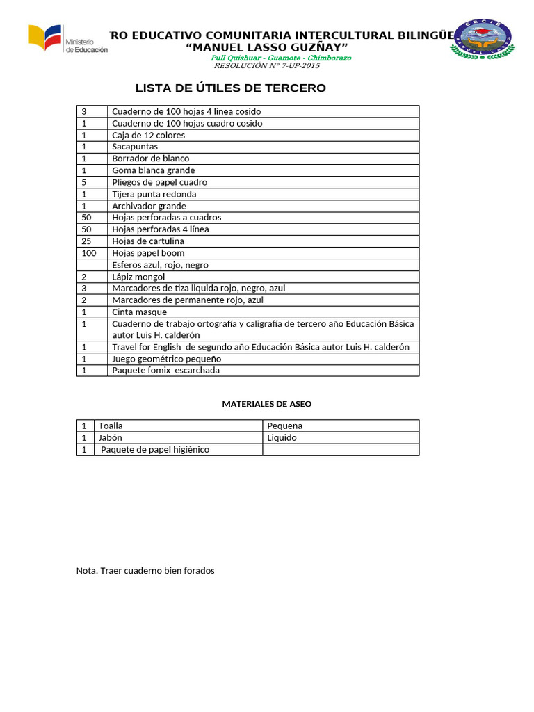 Lista de Útiles 3ro 2025 -2026 | PDF