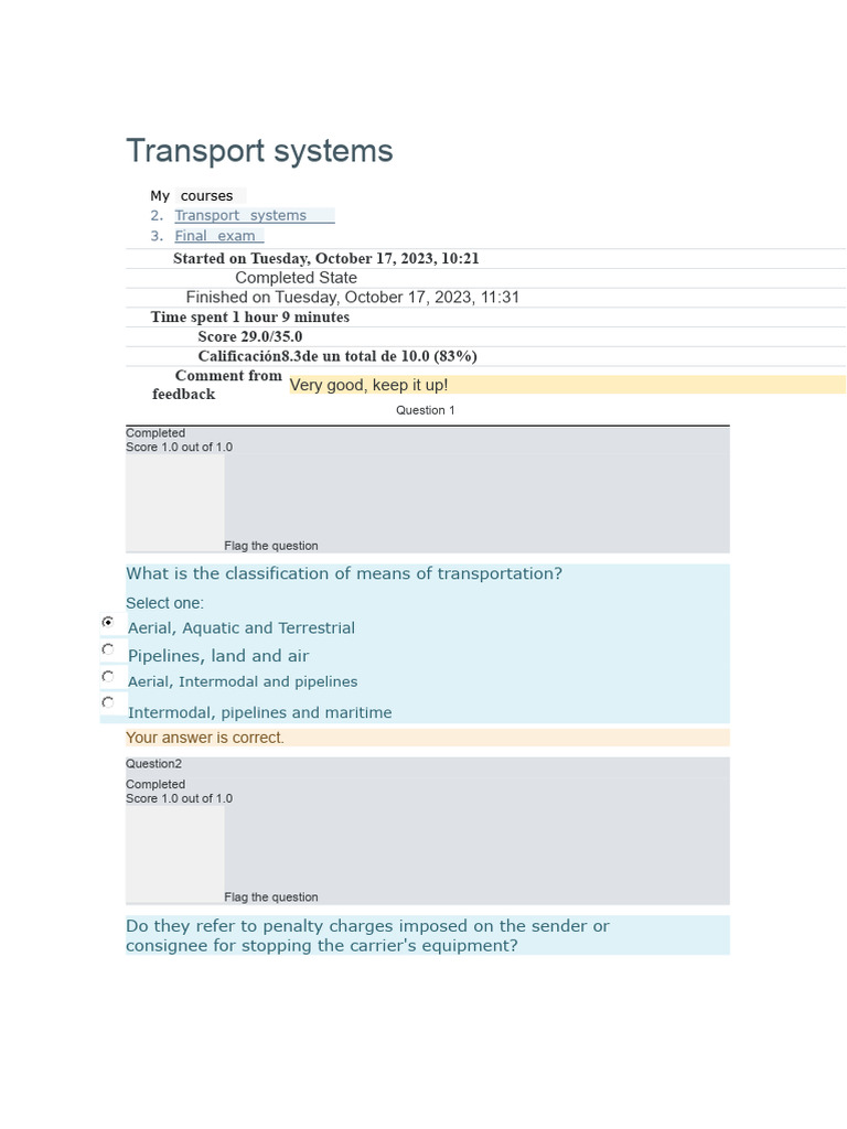 Transport Systems Course Exam Overview | PDF