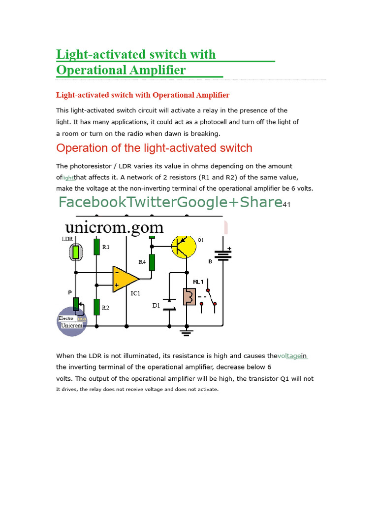 Light Activated Switch With Operational Amplifier | PDF | Operational Amplifier | Amplifier