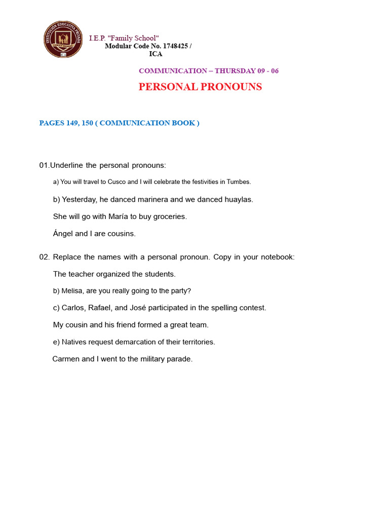 Personal Pronouns Practice Worksheet | PDF