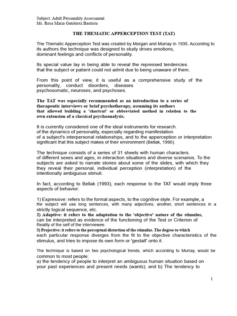 Explanation of The Thematic Apperception Test Tat | PDF | Psychotherapy ...