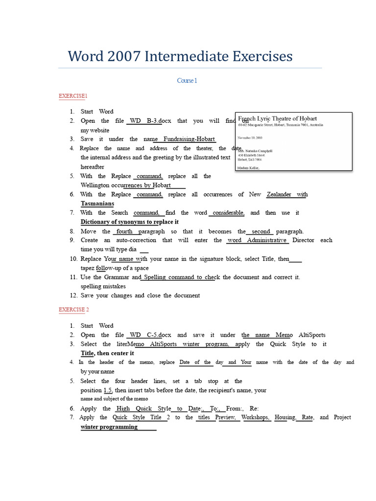 Word 2007 Intermediate Exercises Guide | PDF | Text