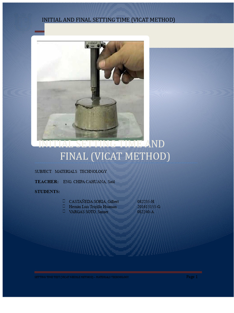 Vicat Method: Setting Time Analysis | PDF | Mortar (Masonry) | Cement