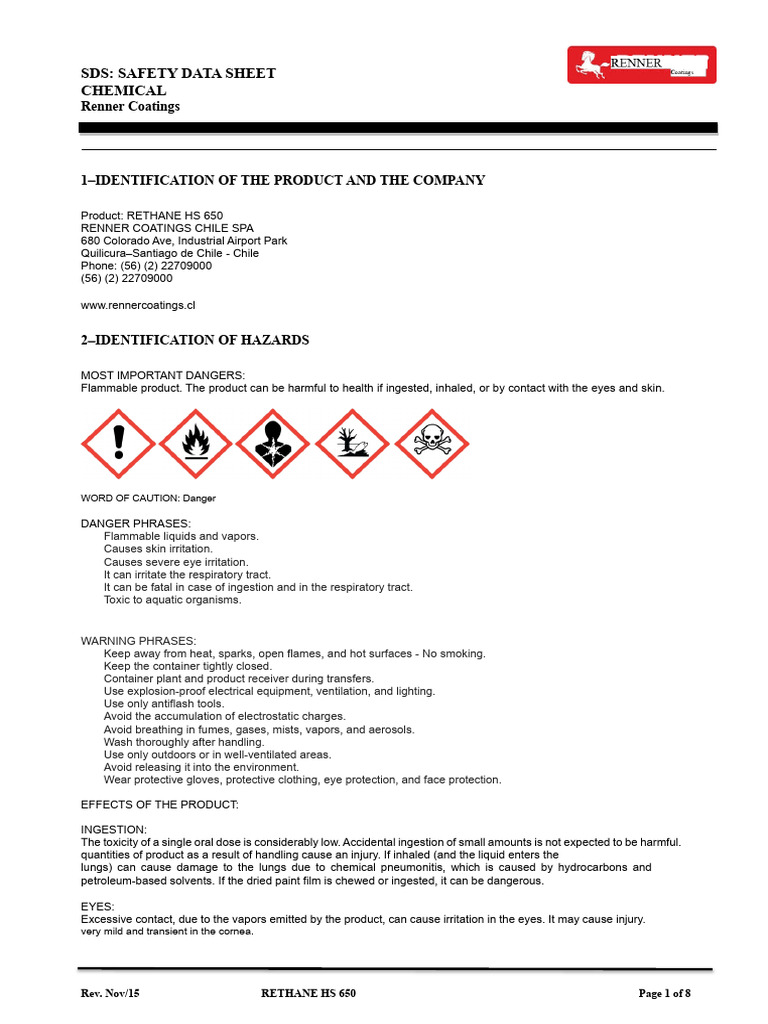 Rethane HS 650 Safety Data Sheet | PDF | Toxicity | Dangerous Goods