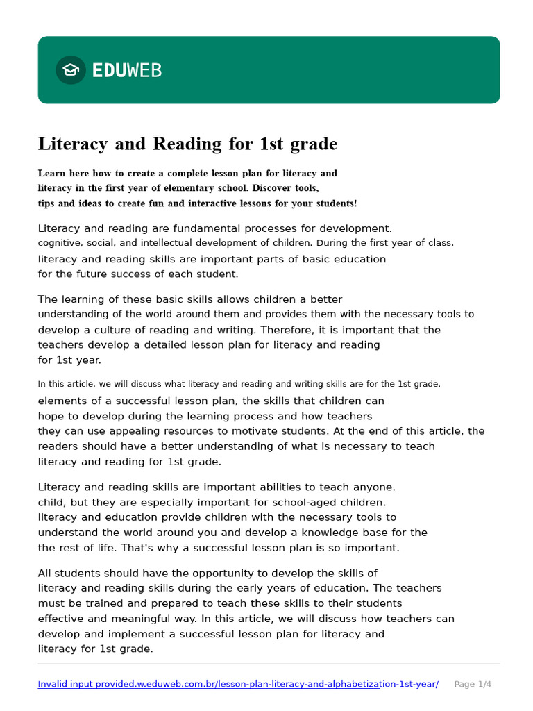 Lesson Plan Literacy and Reading For 1st Grade | PDF | Literacy ...