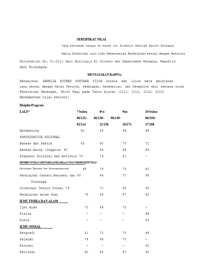 Sertifikat Nilai Siswa Danelia 2015 | PDF