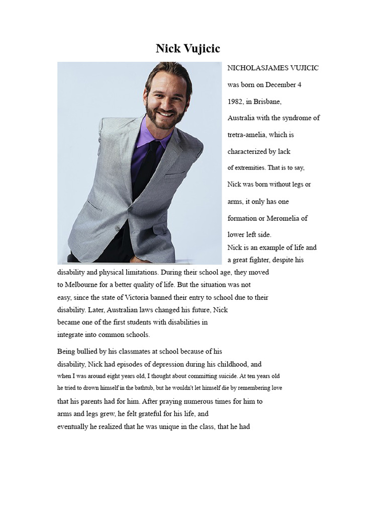 Biography of Nick Vujicic | PDF | Behavioural Sciences | Psychology