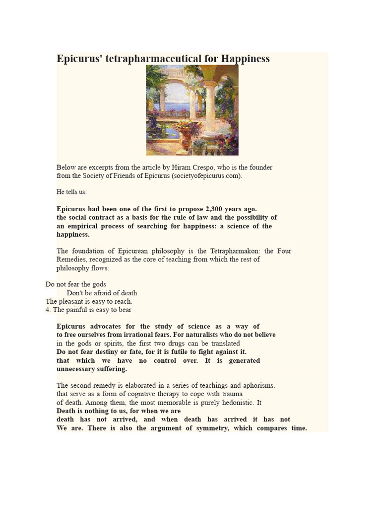 The Tetrapharmakon of Epicurus For Happiness | PDF | Pleasure | Psychology