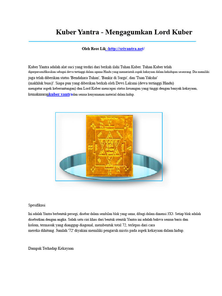 Kuber Yantra: Alat Suci untuk Kekayaan | PDF