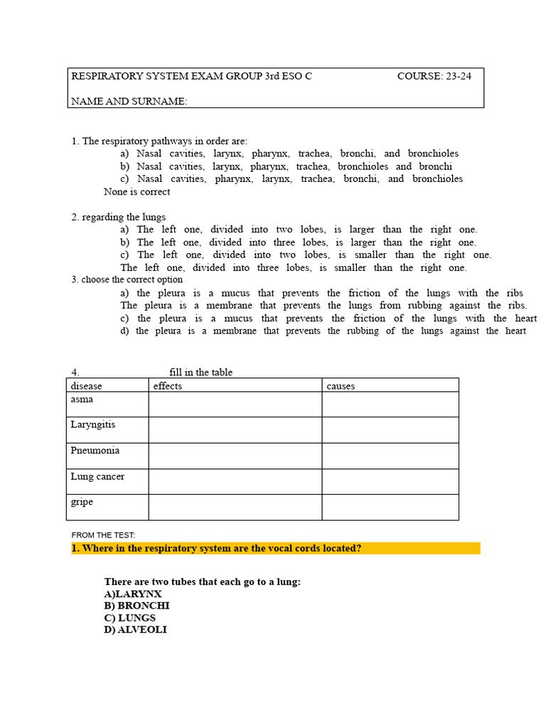 Respiratory System Exam for 3rd ESO | PDF