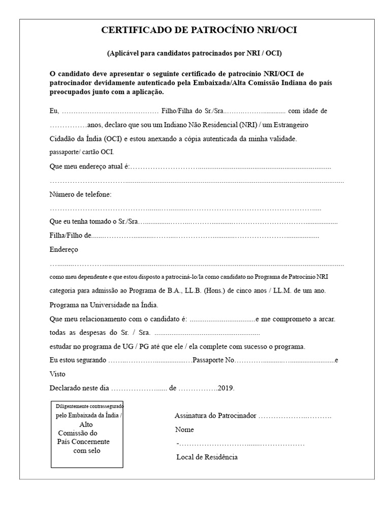 Certificado de Patrocínio NRI/OCI | PDF