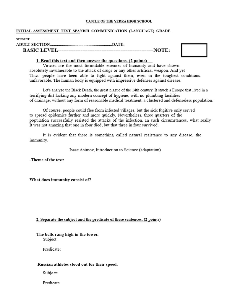 Initial Test - Via Espa Ies Language Ies | PDF | Subject (Grammar ...