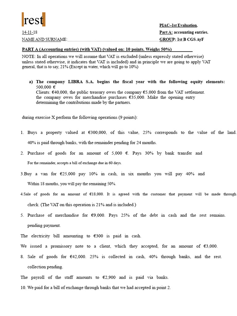 Exercise 1 Accounting Entries With VAT PIAC Online PDF | PDF | Banks ...