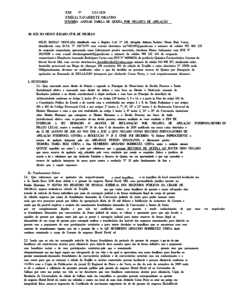 Modelo de Escrito Anexando TARIFA DE QUEIXA POR NEGATIVA DE APELAÇÃO ...